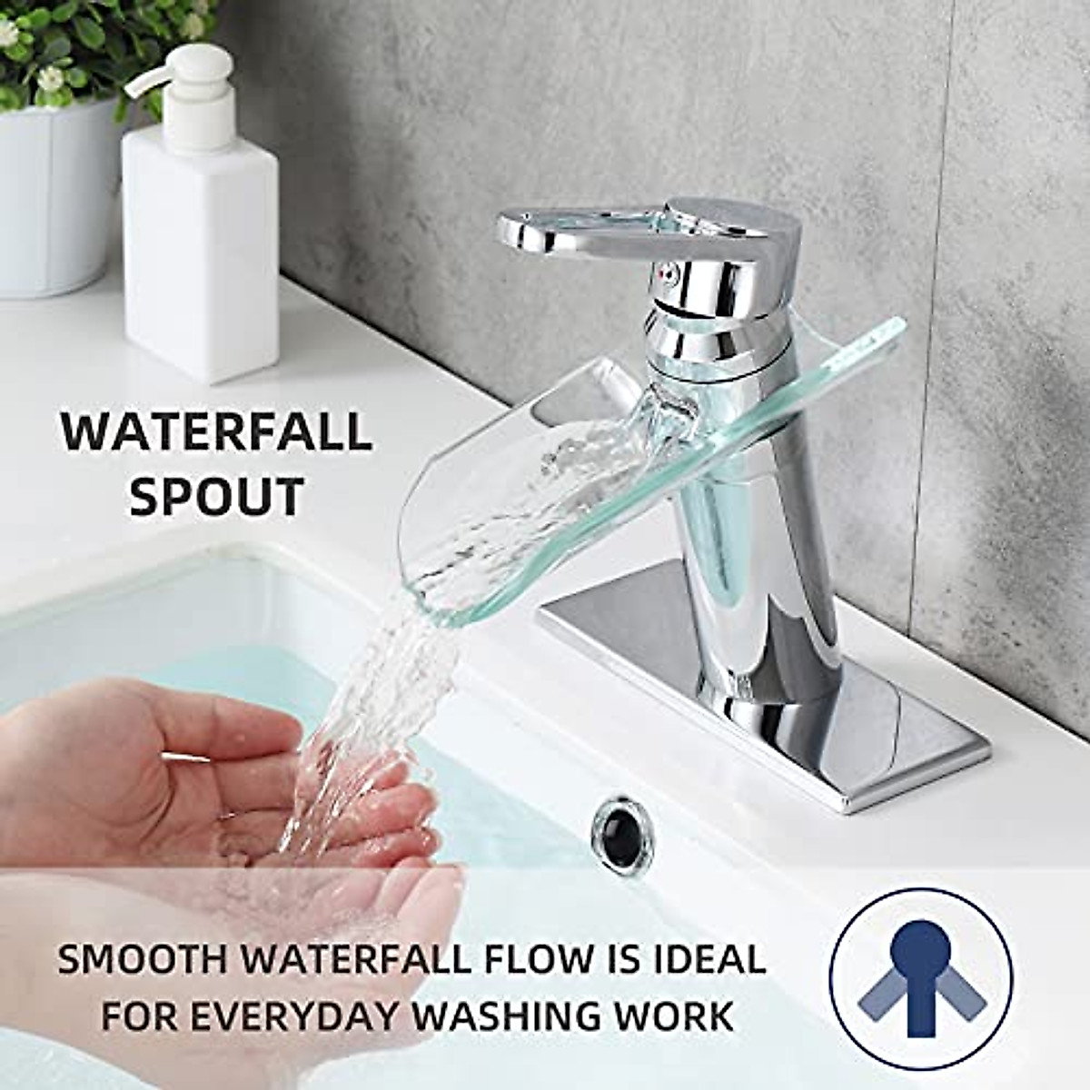 WINDALY Waterfall Bathroom Faucet, Single Hole Glass Spout Bathroom Faucet, Single Handle Solid Brass Bathroom Vanity Faucet with Deck Plate, Chrome (Glass)