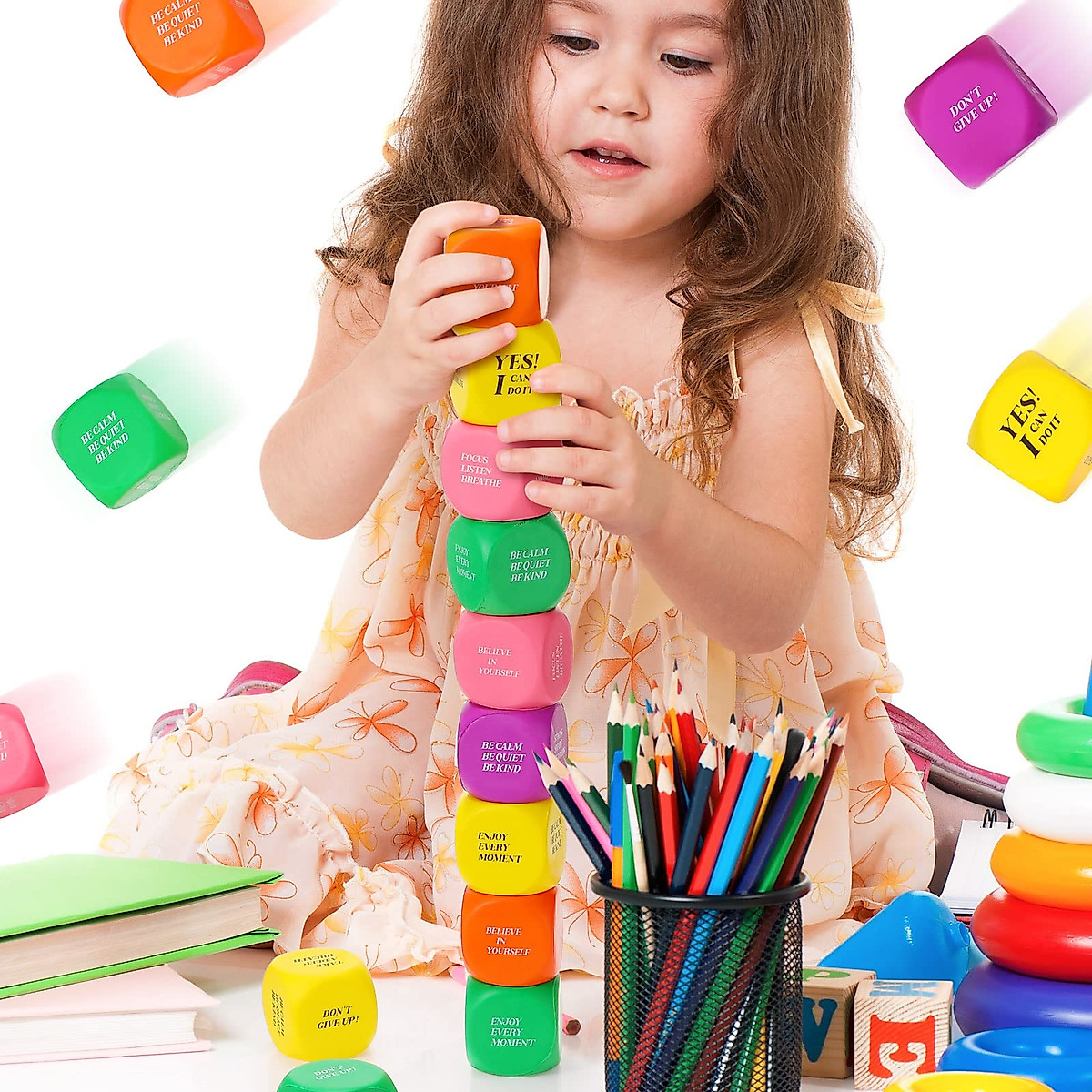 Zhehao 20 Pieces Motivational Stress Ball Bulk for Adults Square Shape Brain Stress Relief Balls Quotes Foam Dice for Kids Classroom School Supplies Social Emotional Learning Anxiety Toys, 5 Colors