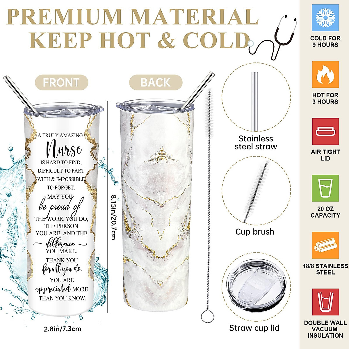 Domensi 6 Pcs Nurse Week Appreciation Gifts for Women Medical Nursing Assistant 20 oz Marble Sign Tumbler Makeup Bag Notepad with Ballpoint Pen for Graduation Nursing Student(Khaki)