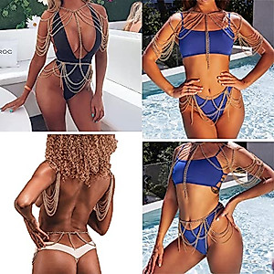 Sinkcangwu Sexy Body Chain Set Layered Necklace Bra Waist Chain Summer Fashion Bohemian Jewelry Suit for Beach Party Holidy (Gold)