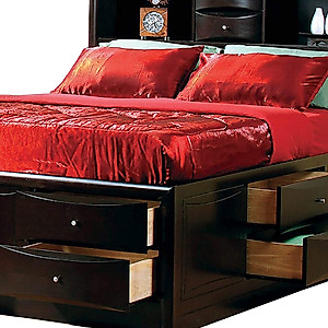 Benjara Wooden California King Size Bed with One Drawers and Two Open Shelves, Brown