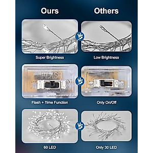 Fairy Lights Battery Operated, Firecracker String Lights Waterproof Silver Wire 5 Feet 60 Led Cluster Starry Lights for DIY Wreath Home Wedding Party Bedroom Mason Jar Holiday Christmas, Pure White