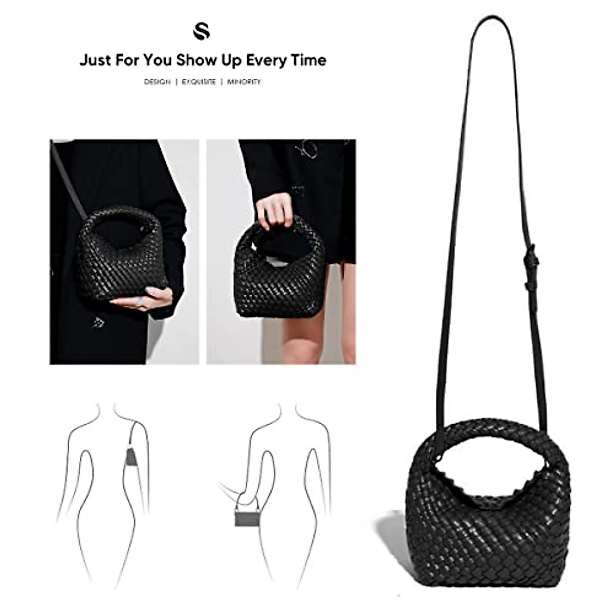 Suyechjo Woven Tote Small Crossbody Bag for Women，Quilted Purse Shoulder Bag Woven Handbag with Detachable Strap