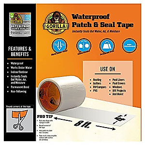 Gorilla Waterproof Patch & Seal Tape, 4" x 8', Clear, (Pack of 2)
