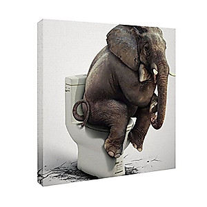Chucoco Oil Paintings on Canvas Funny Elephant Sitting on the Toilet Abstract Wall Art Print with Framed Ready to Hang, Living Room Kitchen Bedroom Home Decorations 20x20 inch