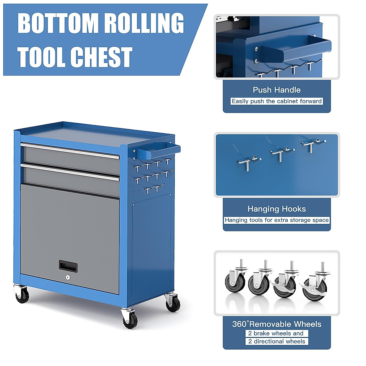 AIRAJ PRO 8-Drawer Rolling Tool Chest with Wheels,Removable Tool Box Organizer,Detachable Top Box & Locking System,High Capacity Tool Storage Cabinet for Workshop Mechanics Garage (Blue)