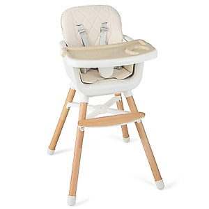 BABY JOY Baby High Chair, 6 in 1 Convertible Wooden High Chair for Babies & Toddlers with Adjustable Legs, Double Removable Tray, Safety Harness & Waterproof PU Cushion (Beige)