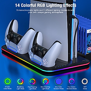 PS5 Stand, PS5 Slim Stand with Cooling Station and Controller Charging Station for PS5 Slim Console Disc/Digital, PS5 Accessories-Cooling Fan, RGB LED, Headset Holder, 15 Game Slot for Playstation 5