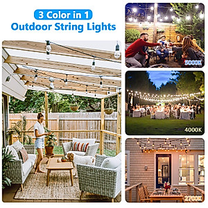 3 Color Dimmable LED Outdoor String Lights with Remotes, 48FT Waterproof Patio Hanging Lights with Shatterproof E26 S14 LED Bulbs for Bistro Cafe Pergola Party, Warm White/Nature White/Daylight White