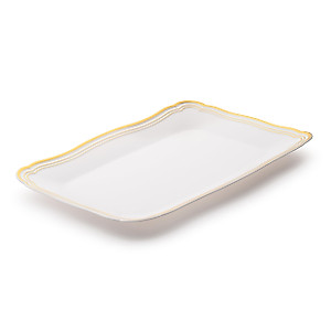Posh Setting Plastic Serving Tray White Plastic Tray with Gold Rim Border, Disposable Serving Trays Heavyweight Serving platters and Trays 9"x13" Appetizer Tray [6 Pack]
