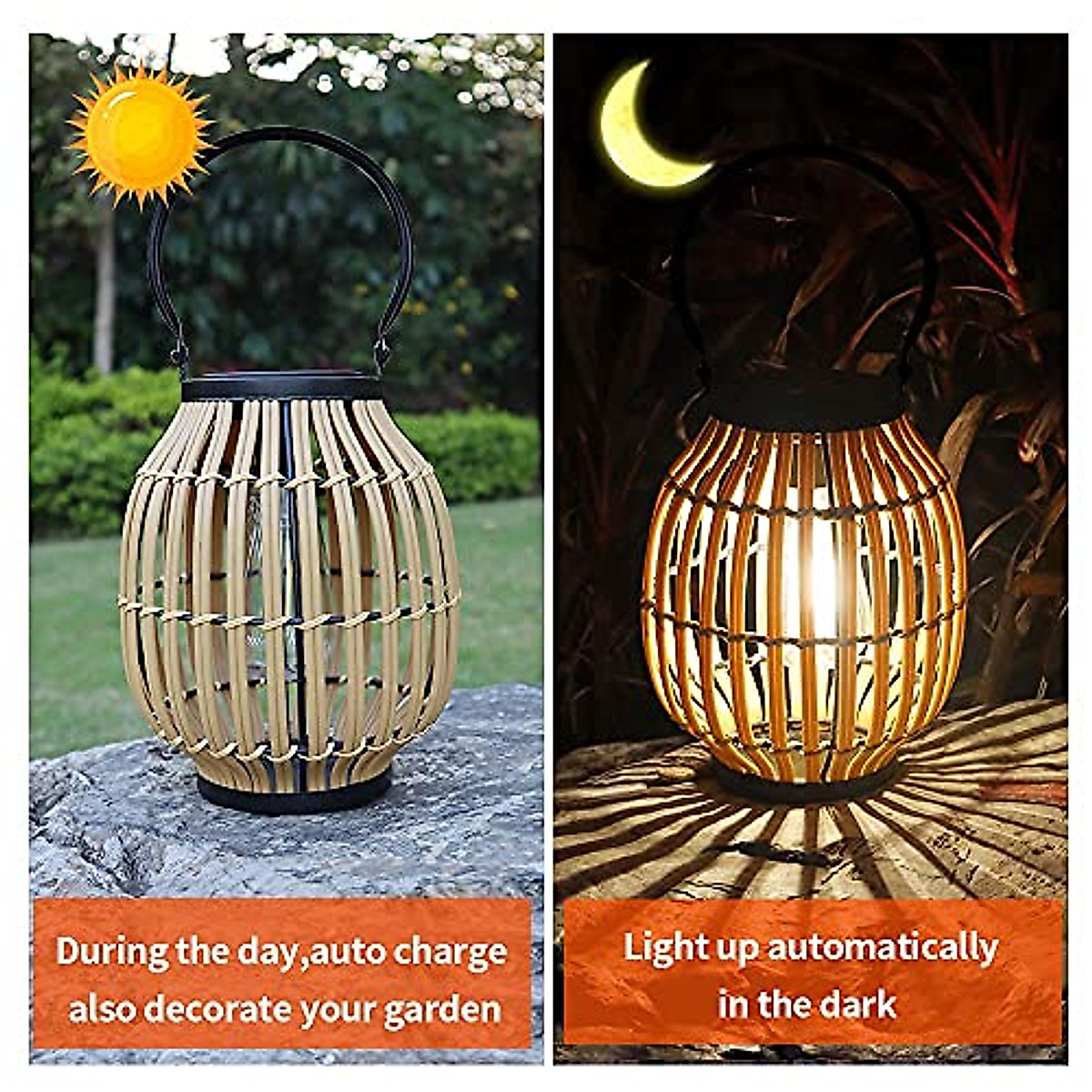Outdoor Solar Lantern Lights Hanging Large Rattan Garden Lantern Waterproof- Rustic Table Lamp with Edison Bulb Women Gift Decoration for Garden Patio Boho Wedding