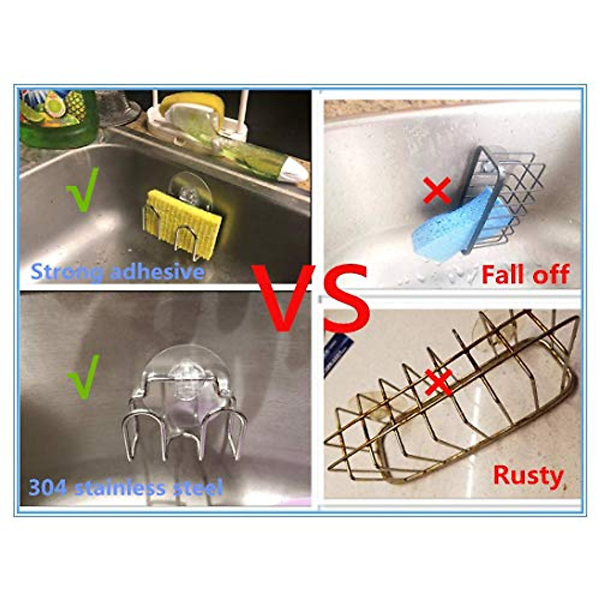 Sponge Holder for Kitchen Sink Bogeer Adhesive Sink Sponge Holder, Quick Drying, Reusable Adhesive, 304 Stainless Steel