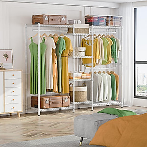 LEHOM G6M Heavy Duty Clothes Rack for Hanging Clothes, Portable Garment Rack Compact Size Closet Organizer, Freestanding Metal Clothing Rack Wardrobe Closet with Storage Shelves for Bedroom, White