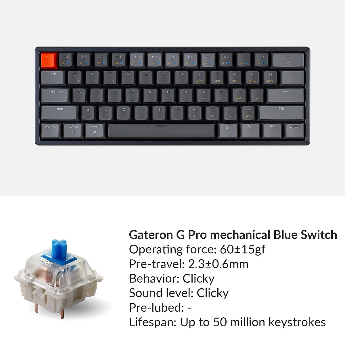 Keychron K12 60% Layout Bluetooth Wireless/USB Wired Mechanical Keyboard with Gateron G Pro Blue Switch/RGB Backlit/N-Key Rollover/Aluminum Frame, Compact 61-Key Computer Keyboard for Mac Windows…