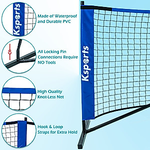 Ksports 22 Feet Multifunctional Nylon Pickleball Net with 4 LED Shuttlecocks, Carry Bag and 2 Game Balls for Badminton and Tennis, for Sports, Blue
