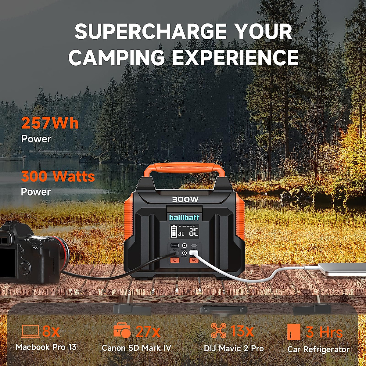 Portable Power Station 300W 257wh Lithium Battery Bailibatt Small Portable Generator for Home Use Camping Travel Emergency Hunting Outdoor, Large Power Bank with AC Outlet for Laptop