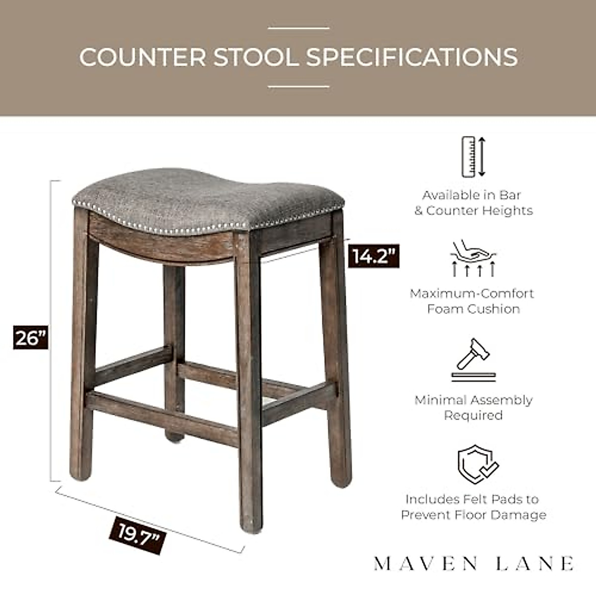 Maven Lane Adrien Backless Saddle Kitchen Counter Stool 25.7" H, Dark Walnut Finish and Stone Grey Performance Fabric, Nail Head Trim Design, Set of 2