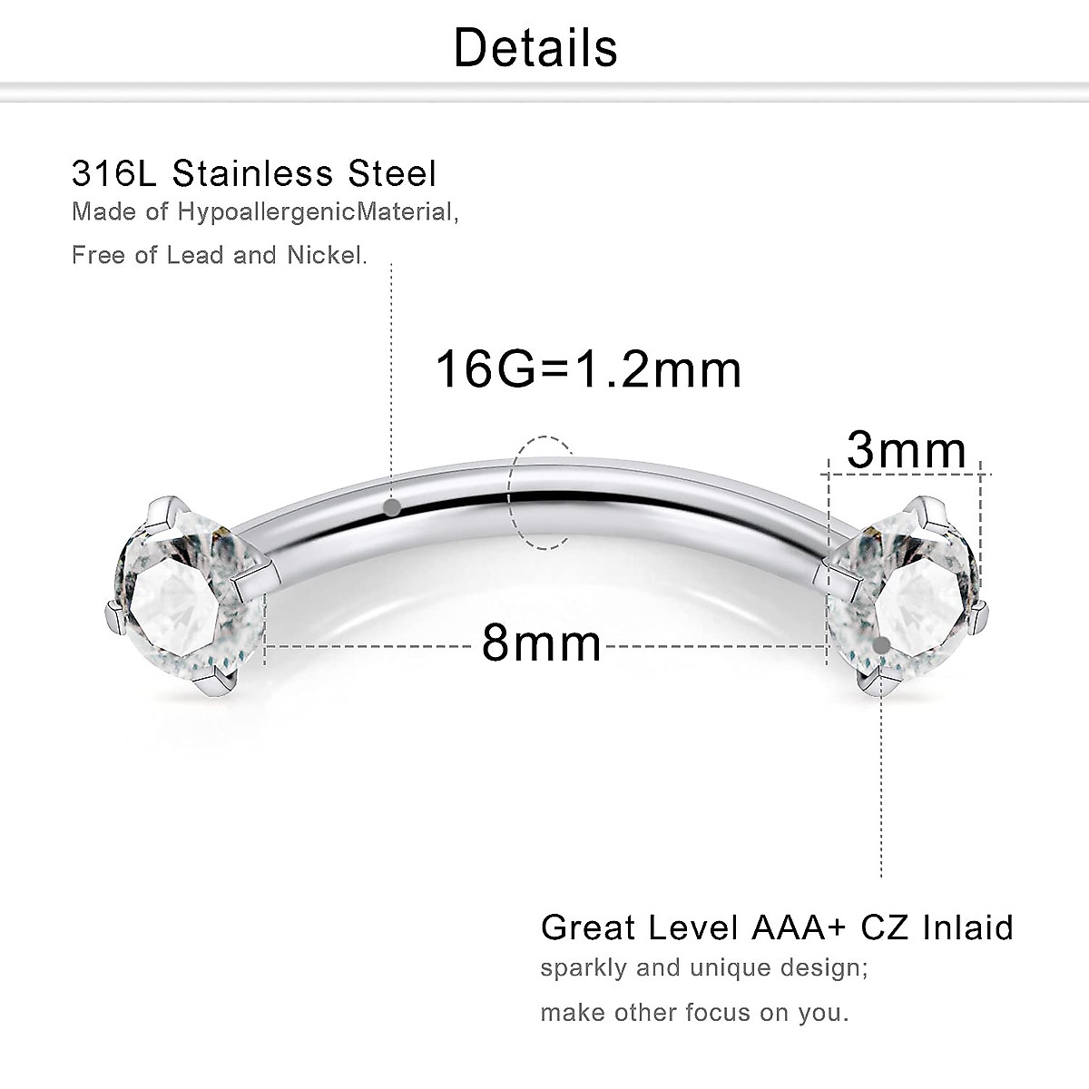 Dyknasz 40Pcs 16G Surgical Steel Daith Rook Earring 8mm 5/16" Curved Barbell Eyebrow Rings Belly Button Ring Piercing Jewelry for Women Men