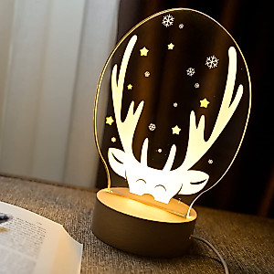 MYTH REALM Elk Rechargeable 3D Illusion Night Light with Beech Stand, LED Decoration Lamp, 4 Options Gifts for Kids Friends Family(Elk)
