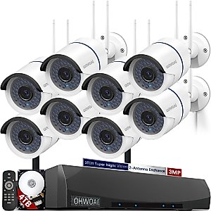 (2-Antenna Signal Enhance & 100 ft Super Night Vision) Outdoor Wireless Security Camera System, WiFi Surveillance Video , 5MP 8-Channel Wireless NVR, 8pcs 3.0MP IP Cameras