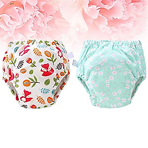 2pcs Breathable Cloth Bag Cotton Washable Nappy Leak Proof Cloth Diaper - Size S(1pc Green Flower, 1pc Fox)