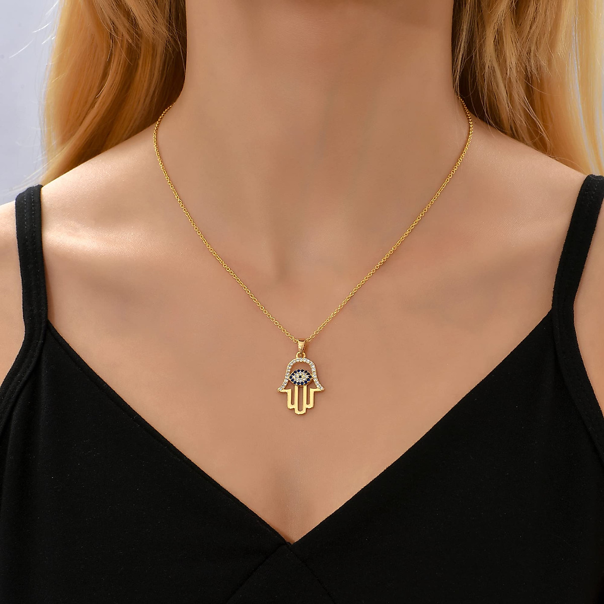SLOONG Evil Eye Hamsa Hand Necklace 14k Gold Plated Third Eye White Blue Cz Womens Pendant Necklace