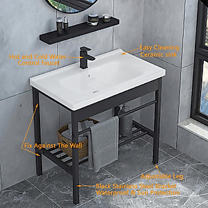Freestanding Bathroom Console Sink, Bathroom Vanity with Sink, 28.3" x 19" x 32.3" Ceramic Console Sink Set With Bracket, Utility Sink for Laundry Room, Washing Room, Garage, Basement, Outdoor, Indoor