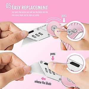 FantastiCAR Pink Folding Box Cutter, Unique Utility Knife Metal Body and Advanced Gift Package, with Extra Blades