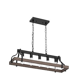 MEIXISUE Rustic Kitchen Island Dining Room Light Fixture Farmhouse Linear Chandelier Black and Retro Wood Finish 5-Light Industrial Metal Hanging Pendant Light UL Listed L33.5 W10.6