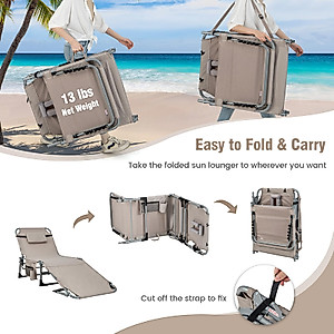 Giantex Tanning Chair, 5-Position Adjustable Beach Chair with Face & Arm Hole, Hand/Shoulder Strap, Removable Pillow, Side Pocket, 400 Lbs Capacity, Sunbathing Chair, Lounge Chair Outdoor (1, Beige)