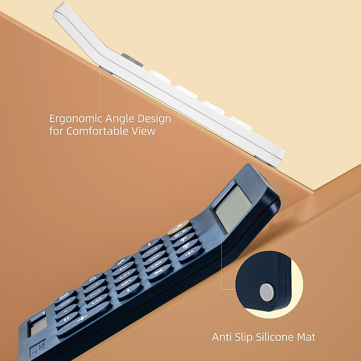 Calculator, Deli Standard Function Desk Calculators 10 Digit with Large LCD Display with 15° Elevation, Solar and Battery Dual Power, Standard Function for Office, Home, School, White