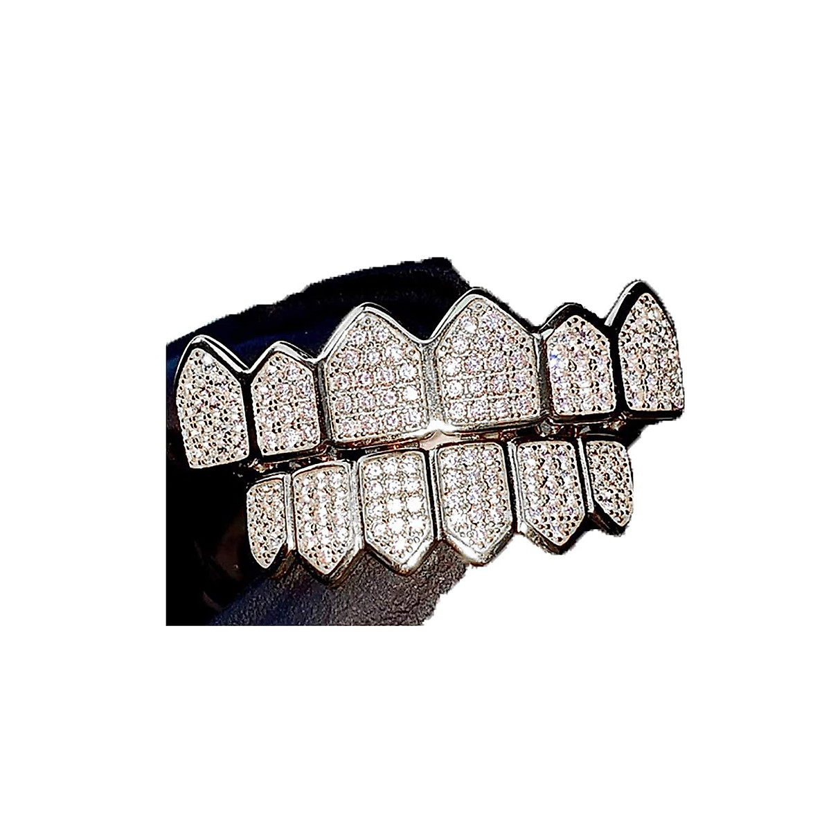 18K White Gold Plated CZ Cluster Custom Slugs Top Bottom Grillz Mouth Teeth Grills Set - Grillz, Teeth Cap, Iced Out Grillz (Top & Bottom Set)