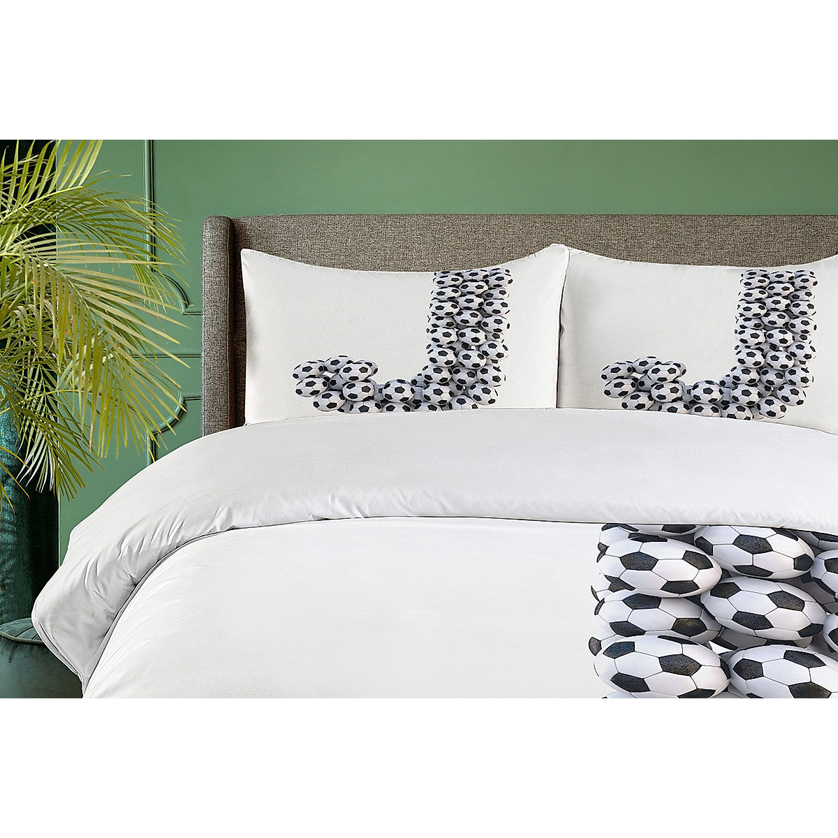 Ambesonne Letter J Duvet Cover Set, Soccer Balls in The Form of a Letter Futboll Alphabet Theme Teamplay Sports, Decorative 2 Piece Bedding Set with 1 Pillow Sham, Twin Size, Black Off White