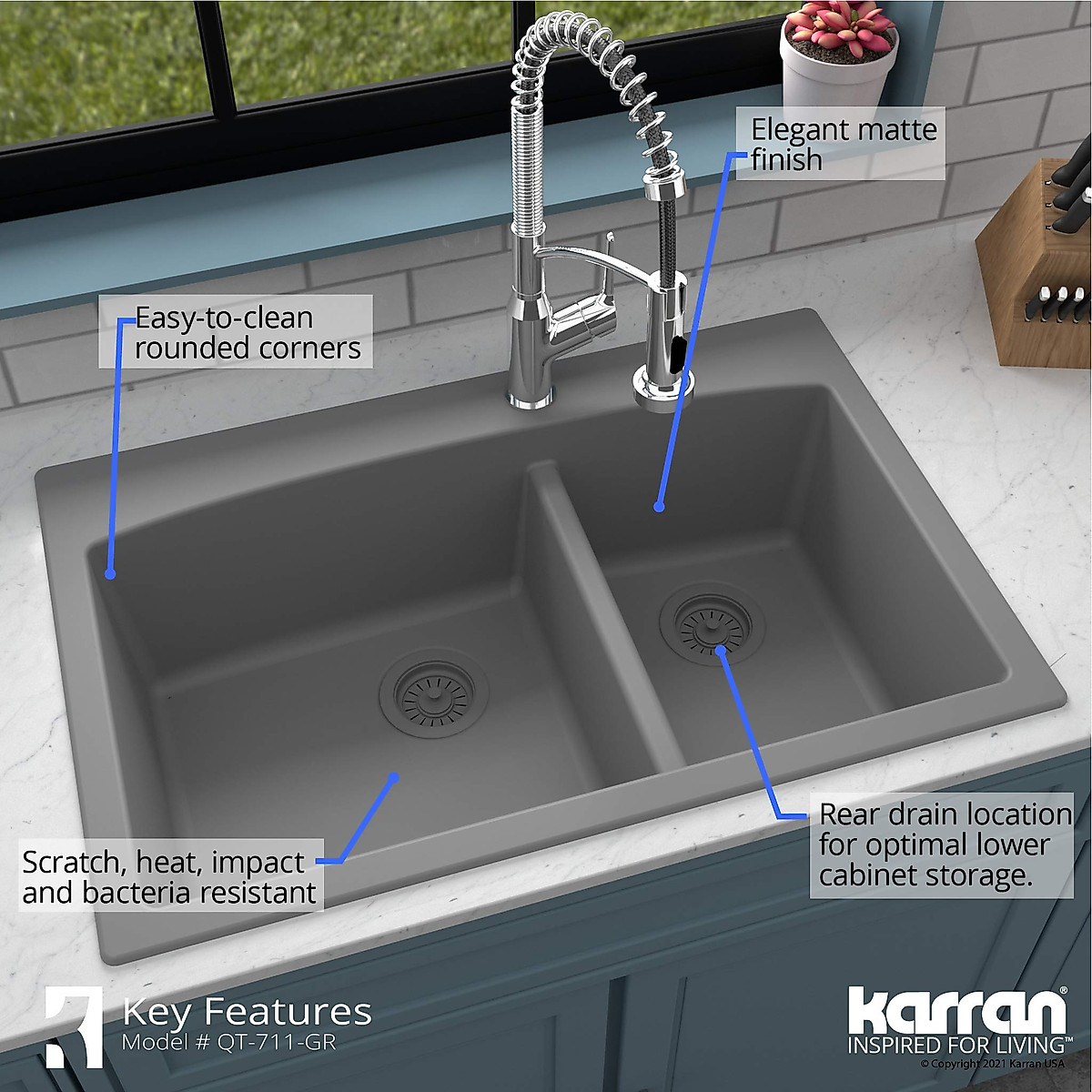 Karran QT-711 Drop-In Quartz Composite 33 in. 1-Hole 60/40 Double Bowl Kitchen Sink Kit in Grey