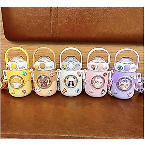 Large Capacity Cartoon Prints Water Bottle with Straw Lid Women Tumblers with Shoulder Strap Stainless Steel Thermal Cup (Yellow 23.6oz)