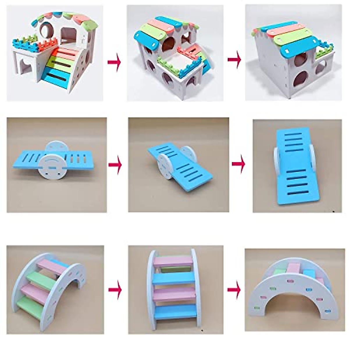 YUEKUA 4 Pieces of Hamster Toy Accessories DIY Gerbil Hiding House, Rainbow Bridge Swing, Hamster Seesaw Toy, Small Animal Fitness chew Toys