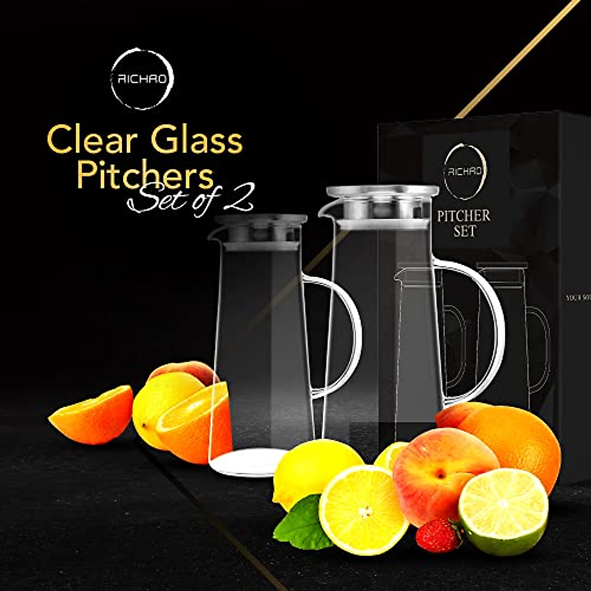 Richro Glass Pitcher With Lid and Spout Set of 2 - Heat Resistant Glass Carafe Pitcher With Stainless Steel Lid 50 oz Good For Coffee Juice Beverage Pitcher For Juice and Iced Tea Pitcher Water Carafe