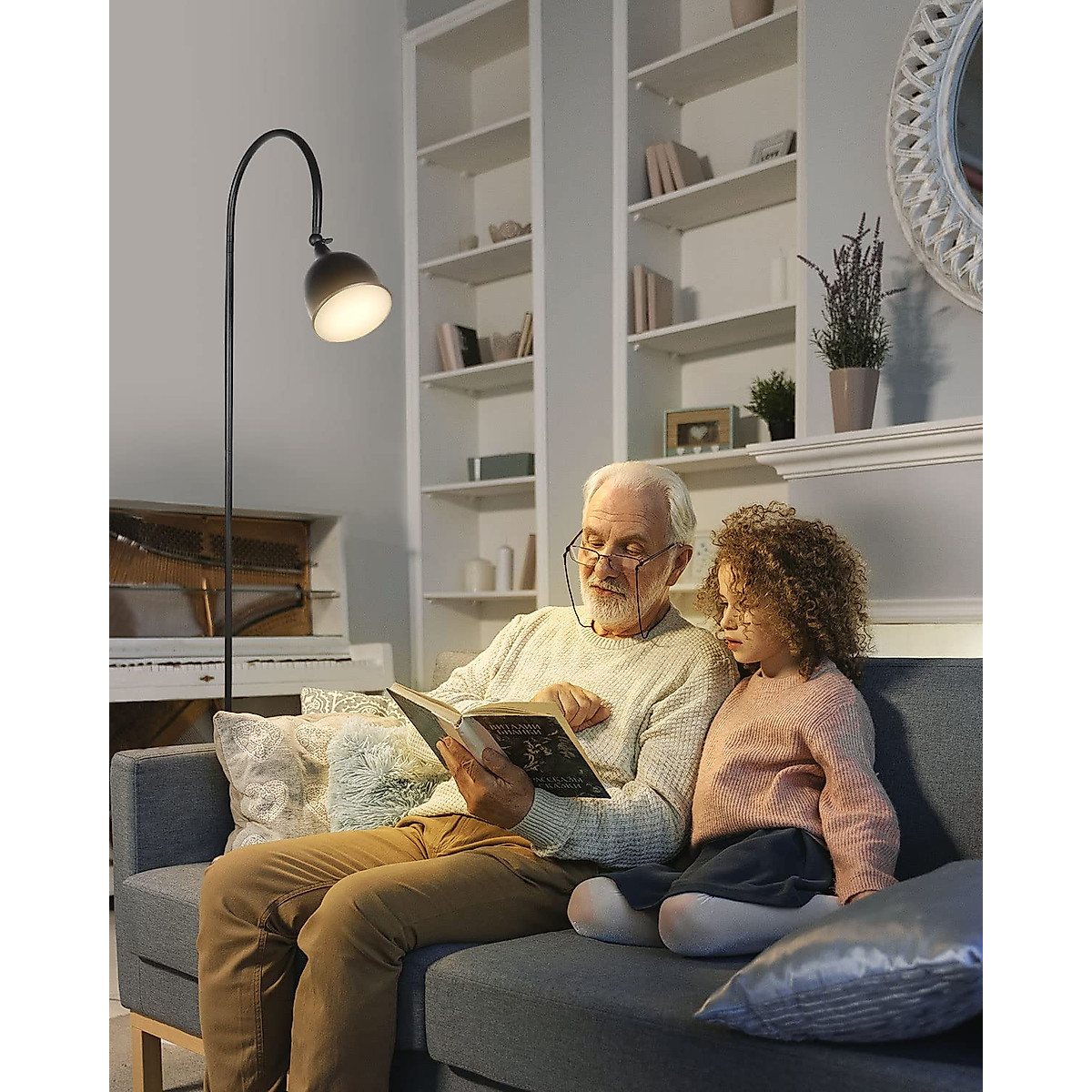 Modern Floor Lamp with Shelves -Bright Dimmable LED Floor Lamp for Living Room, Stepless Adjustable 3000K-6000K Colors & Brightness Standing Lamp with Remote, Black Reading Standing Lamp with Table