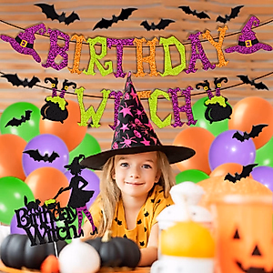 Halloween Birthday Witch Banner with Witch Cake Topper 12 Pieces 3D Bats Props Decoration 24 Pcs Balloons for Ghost Zombie Vampire Haunted House Halloween Birthday Party Supplies