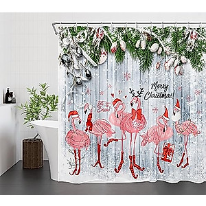 HVEST Christmas Shower Curtain for Bathroom, Pink Flamingo and Pine Branch on Rustic Wood Boards Shower Curtain with Hooks, Winter Snowflake Bathroom Curtains Shower Set Holiday Decor, 72X72 inch