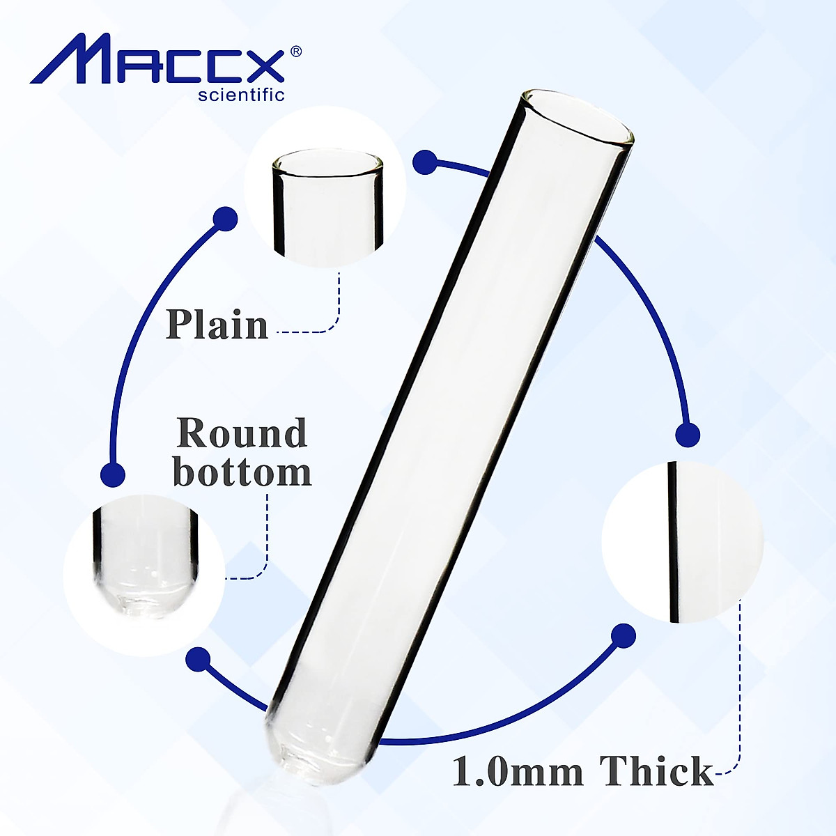 Maccx 10ml Sturdy Glass Test Tubes, 16x100mm, Pack of 50, Borosilicate Glass Material, TTG016-050