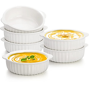 Mezchi 6 Pack Porcelain Ramekins with Handles, 14 Oz Ceramic Creme Brulee Souffle Baking Dishes Bowl, French Onion Soup Bowls for Ramen, Stew, Lava Cakes, Dishwasher, Oven, Microwave Safe, White