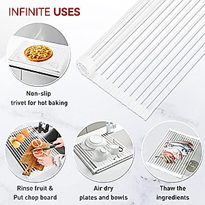 MERRYBOX Roll Up Dish Drying Rack, Silicone Wrapped Over The Sink Dish Rack Foldable Dish Drainer Anti-Slip Dish Racks for Kitchen Counter, Multipurpose Kitchen Sink Drying Rack, 17" x 13", White