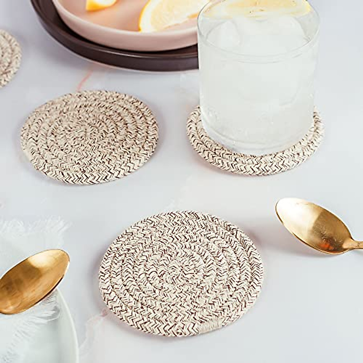 OrganiHaus Set of 6 Brown Cute Coasters for Drinks | Absorbent Coasters | Farmhouse Coasters for Coffee Table | Desk Cup Coasters | Rustic Aesthetic Boho Coasters | Moisture Absorbing Woven Coasters