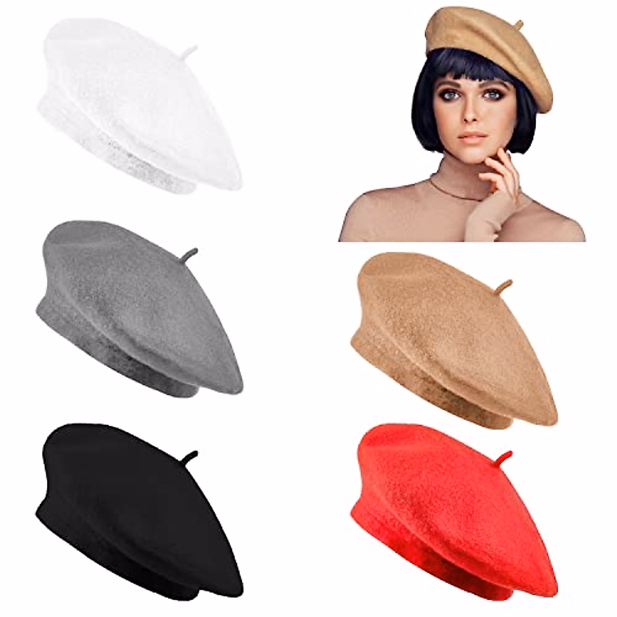 Jolbndcv 5 PCS Beret Hat French Beanie Hat Outdoor Hat Winter Hat Fashion Lady Hat（White, Gray, Black, Red, Khaki）