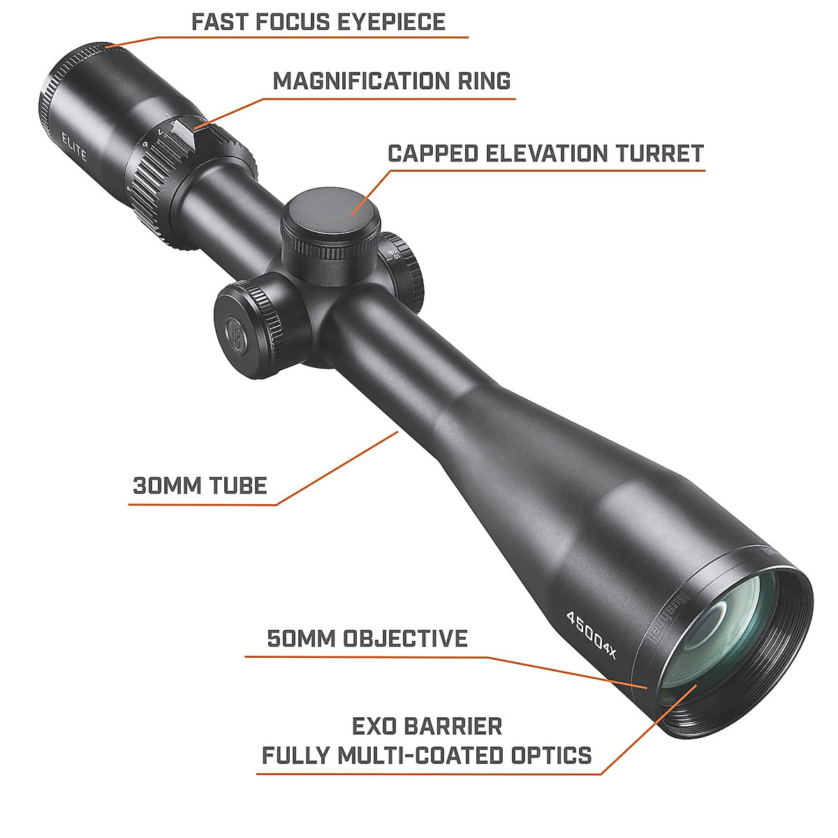 Bushnell Elite 4500 4X 4-16x50 Hunting Riflescope - Crisp Image Clarity, Durable Aircraft-Grade Aluminum, Second Focal Plane, Capped Turrets and Multi-X Reticle