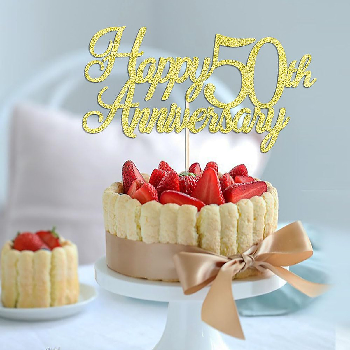 Auteby Happy 50th Anniversary Cake Topper, Gold Glitter 50th Birthday/Wedding Anniversary Party Decoration Supplies (50)