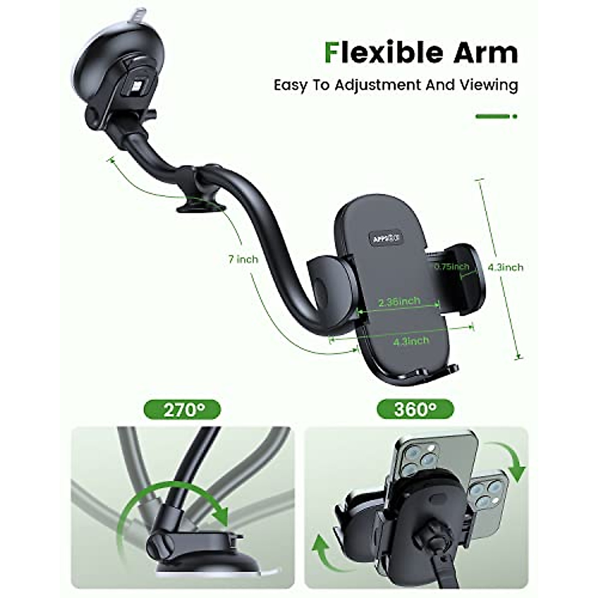 APPS2Car Suction Cup Phone Holder for Car 7" Windshield Dashboard Windows Car Phone Mount Gooseneck Truck Cradle with Strong Suction Compatible with iPhone 13/13 Pro Max, Samsung and All 4-7" Devices