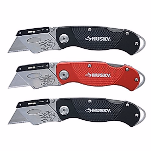 Husky Folding Sure-Grip Lock Back Utility Knives Multi Pack (3 Piece Set: 3 x Husky Knives w/ Blades) (Colors Vary)