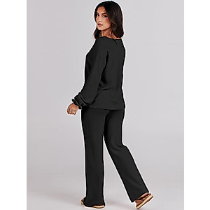 ANRABESS Women's Two Piece Outfits Sweater Sets Long Sleeve V Neck Knit Pullover and Wide Leg Pants Sweatsuit Lounge Set Black Large